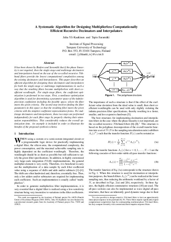 Pdf A Systematic Algorithm For Designing Multiplierless Computationally Efficient Recursive