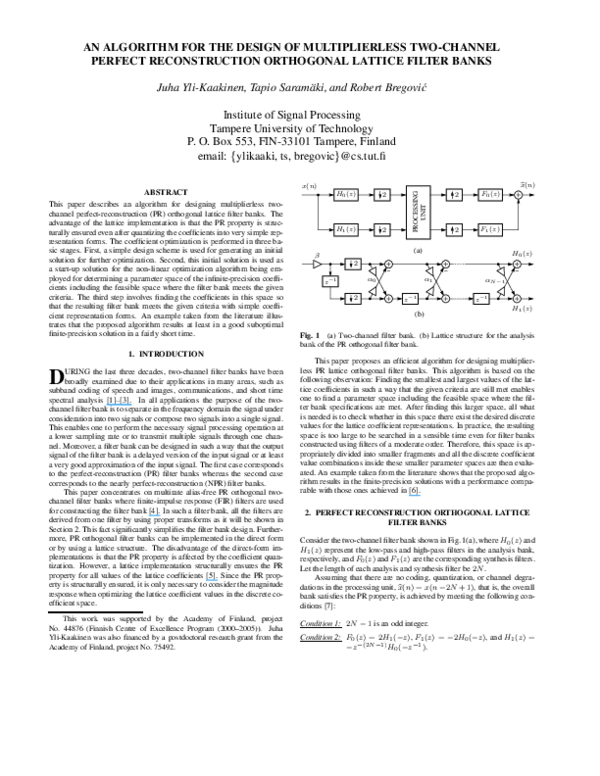 (PDF) An algorithm for the design of multiplierless two-channel perfect reconstruction ...