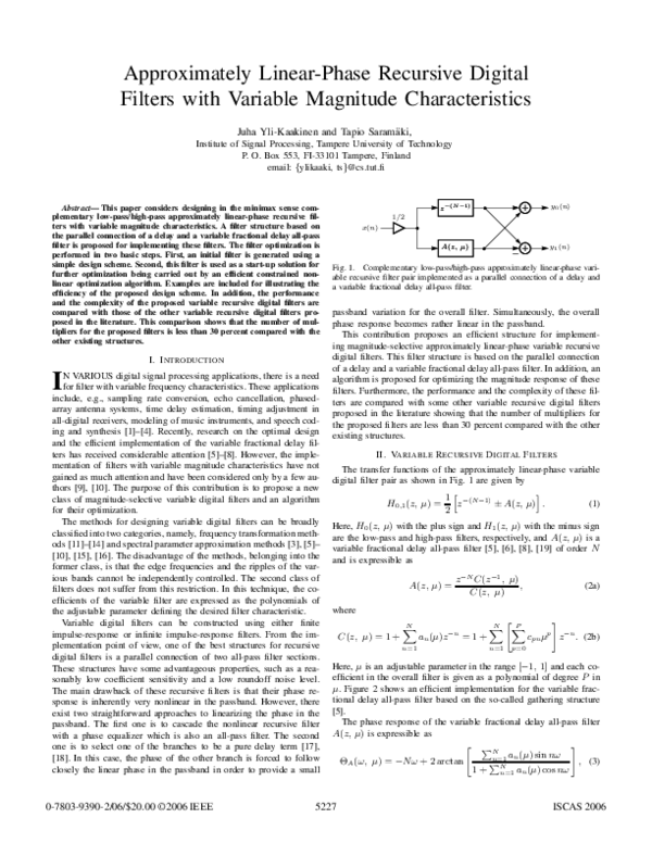 Pdf Approximately Linear Phase Recursive Digital Filters With Variable Magnitude Characteristics 