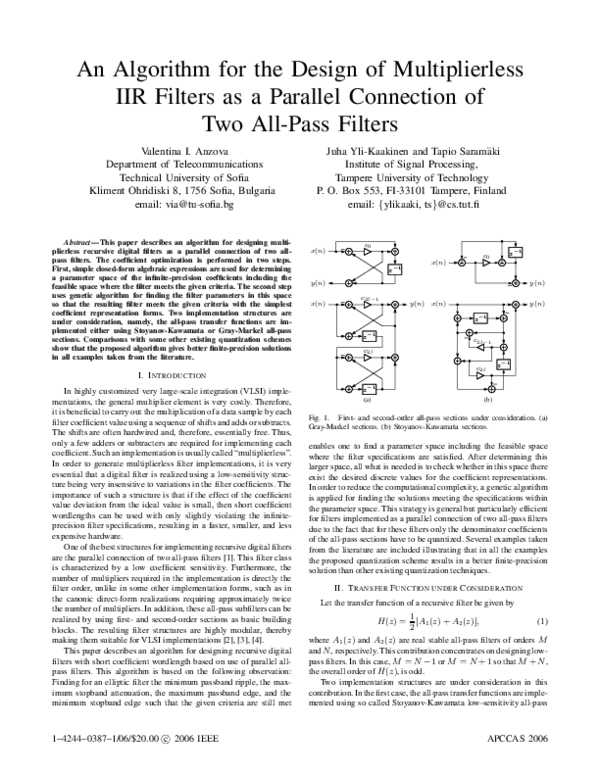 Pdf An Algorithm For The Design Of Multiplierless Iir Filters As A Parallel Connection Of Two