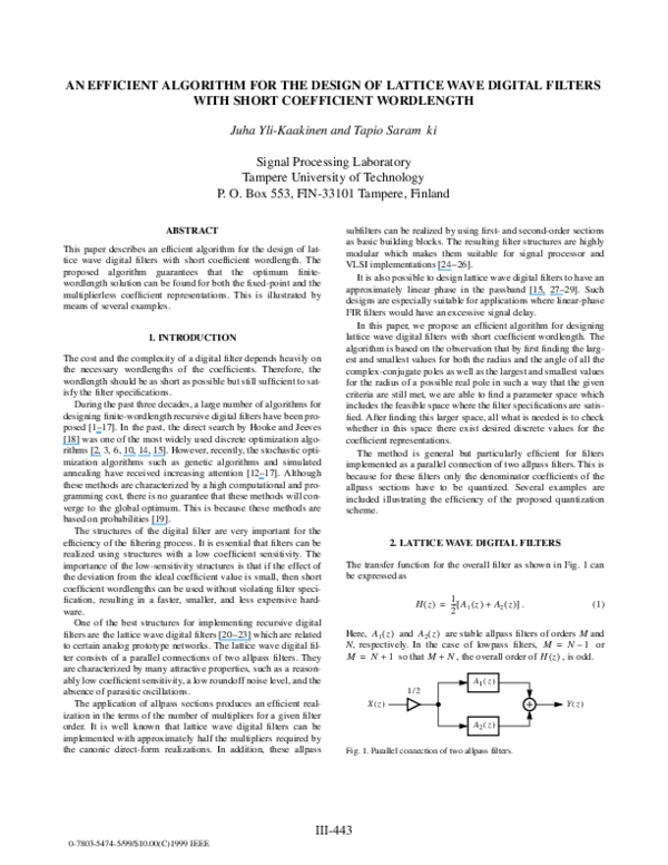 Pdf An Efficient Algorithm For The Design Of Lattice Wave Digital Filters With Short 2997