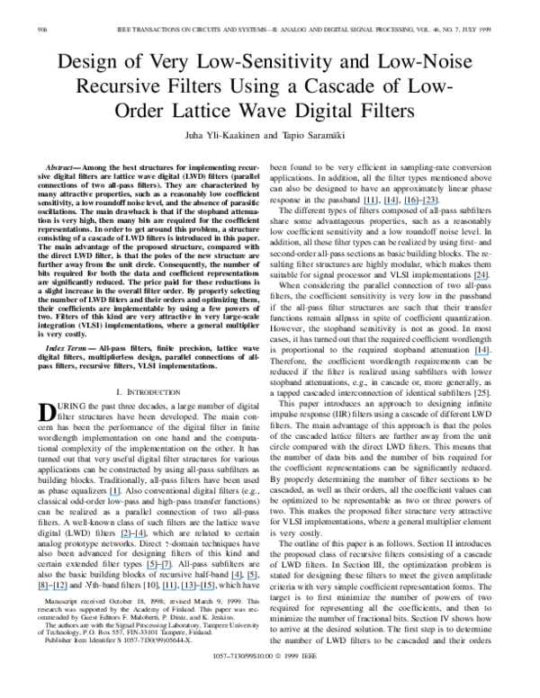 Pdf Design Of Very Low Sensitivity And Low Noise Recursive Digital Filters Using A Cascade Of