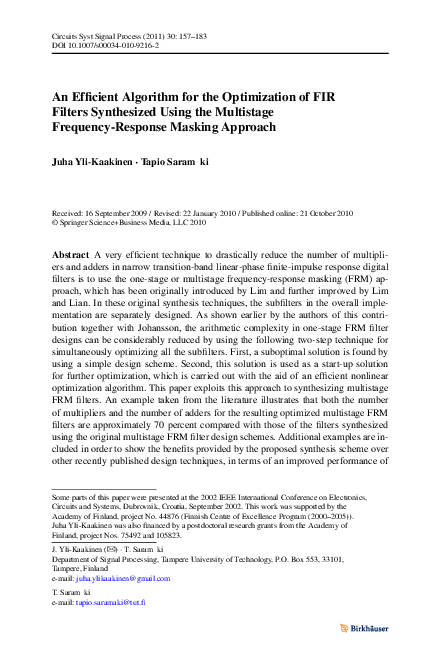 Pdf An Efficient Algorithm For The Optimization Of Fir Filters Synthesized Using The