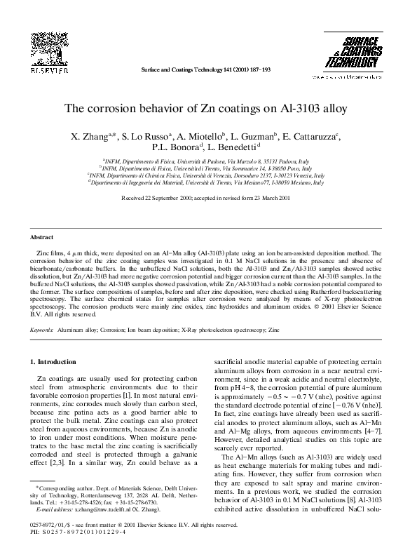 (PDF) The corrosion behavior of Zn coatings on Al-3103 alloy