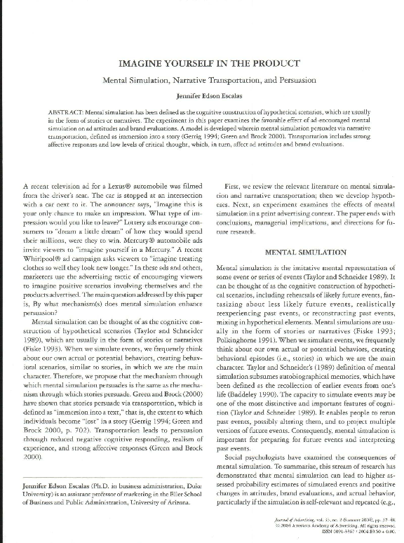 (PDF) IMAGINE YOURSELF IN THE PRODUCT Mental Simulation, Narrative ...