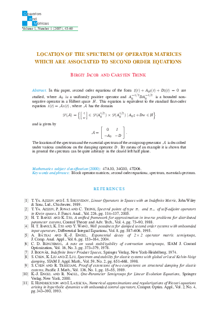 (PDF) Location of the spectrum of operator matrices which are associated to second order equations