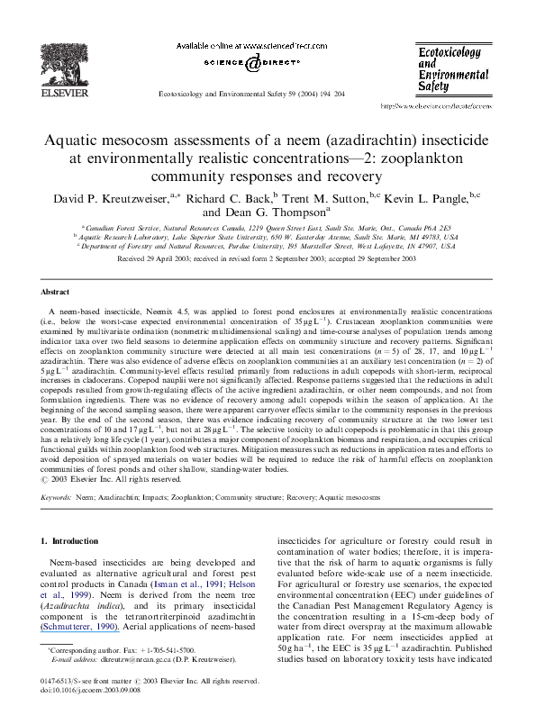 (PDF) Aquatic mesocosm assessments of a neem (azadirachtin) insecticide ...