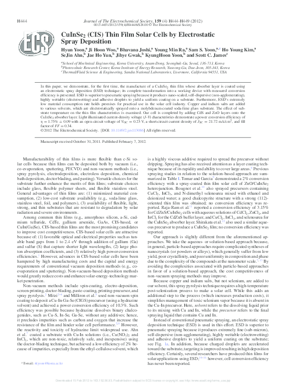 (PDF) CuInSe2 (CIS) Thin Film Solar Cells by Electrostatic Spray Deposition