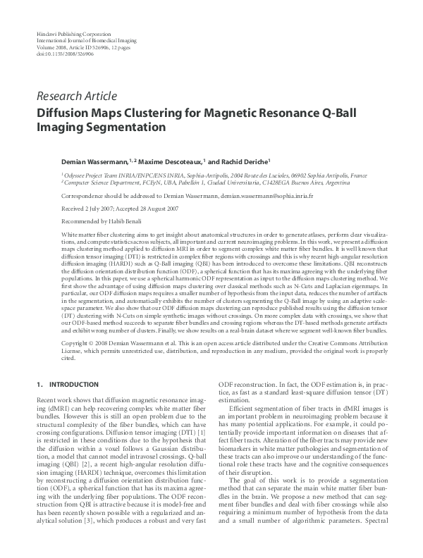 (PDF) Diffusion Maps Clustering for Magnetic Resonance Q-Ball Imaging Segmentation