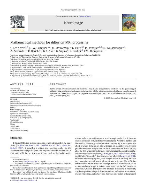 (PDF) Mathematical methods for diffusion MRI processing