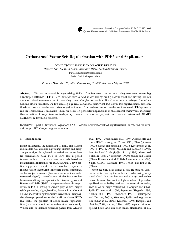 (PDF) Orthonormal vector sets regularization with PDE's and applications