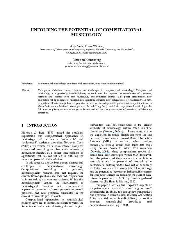 (PDF) Unfolding the potential of computational musicology