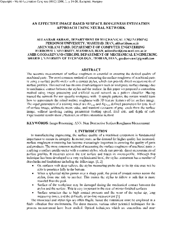 Pdf An Effective Image Based Surface Roughness Estimation Approach Using Neural Network