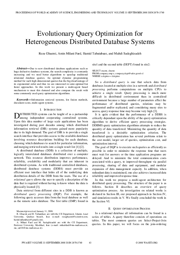 (PDF) Evolutionary Query Optimization for Heterogeneous Distributed Database Systems