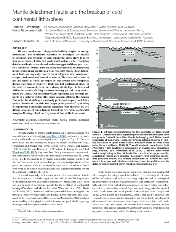 (PDF) Mantle detachment faults and the breakup of cold continental ...