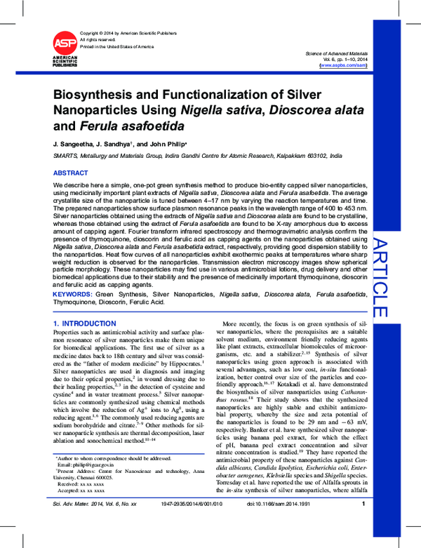 (PDF) Biosynthesis and Functionalization of Silver Nanoparticles Using Nigellasativa, Dioscorea ...