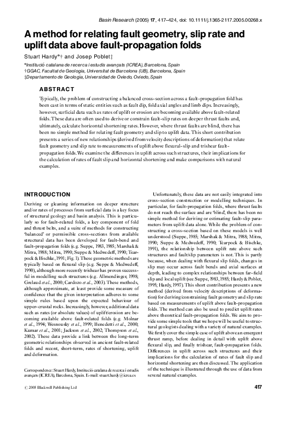 Pdf A Method For Relating Fault Geometry Slip Rate And Uplift Data Above Fault Propagation Folds