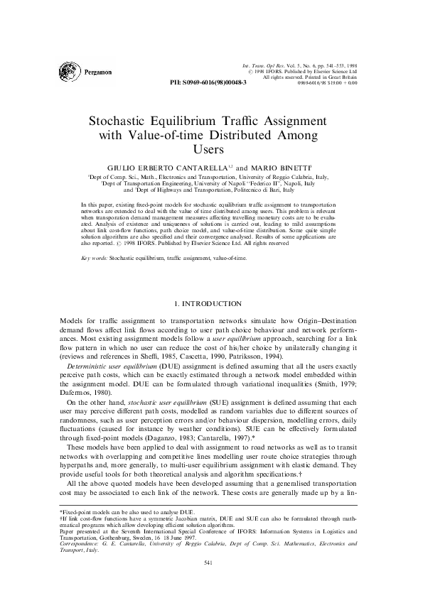 (PDF) Stochastic Equilibrium Traffic Assignment with Value-of-time Distributed Among Users