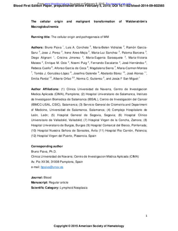 (PDF) The cellular origin and malignant transformation of Waldenström's ...