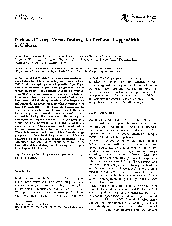 (PDF) Peritoneal lavage versus drainage for perforated appendicitis in ...