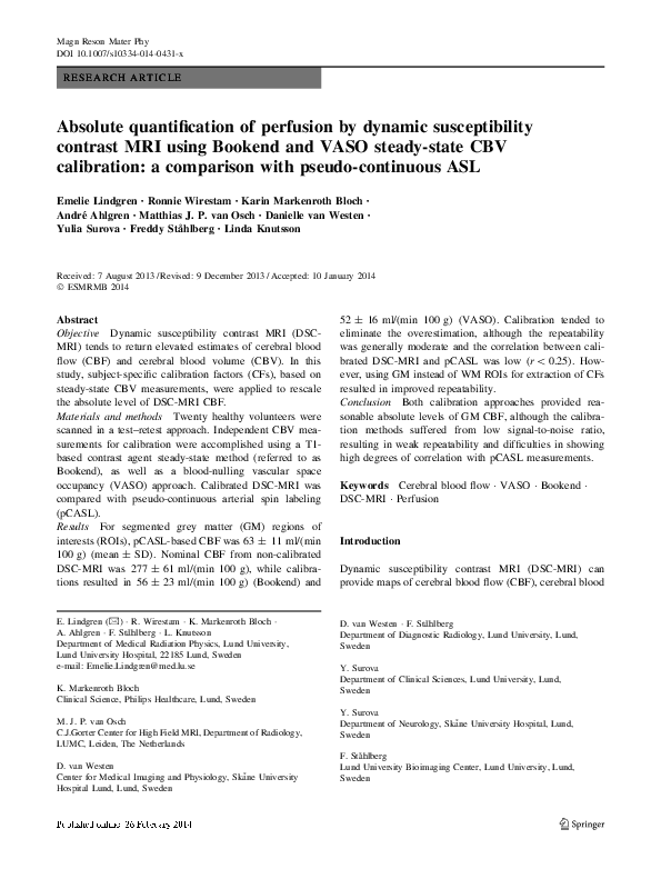 (PDF) Absolute quantification of perfusion by dynamic susceptibility contrast MRI using Bookend ...