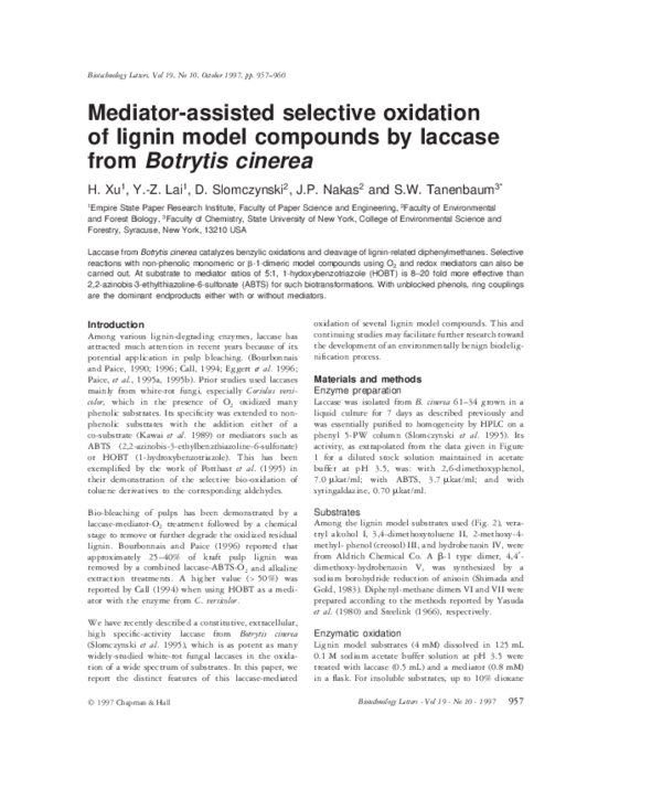 (PDF) Mediator-assisted selective oxidation of lignin model compounds by laccase from Botrytis ...