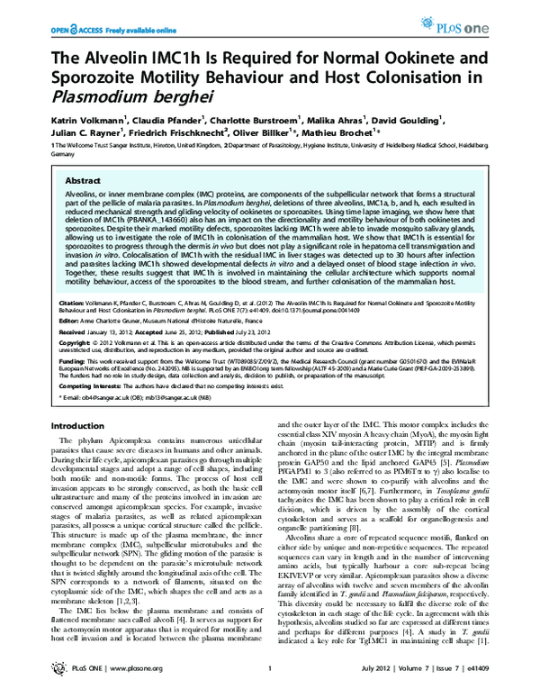 (PDF) The alveolin IMC1h is required for normal ookinete and sporozoite ...