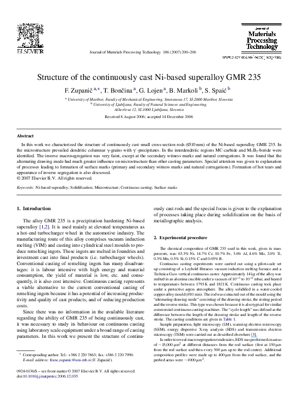 (PDF) Structure of continuously cast Ni-based superalloy Inconel 713C