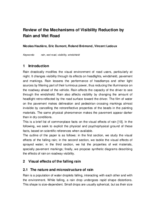 (PDF) Review of the mechanisms of visibility reduction by rain and wet road