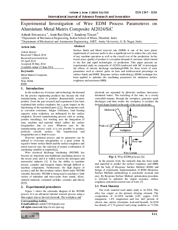 (PDF) Experimental Investigation of Wire EDM Process Parameters on Aluminium Metal Matrix ...