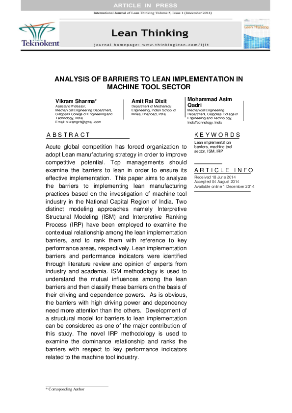 (PDF) Analysis of Barriers to Lean Implementation in Machine Tool Sector