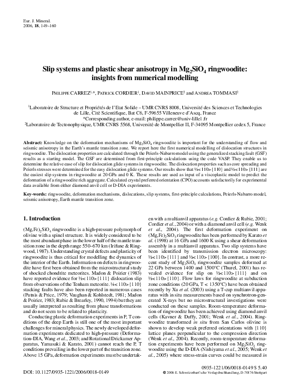 (PDF) Slip systems and plastic shear anisotropy in Mg 2 SiO 4 ...