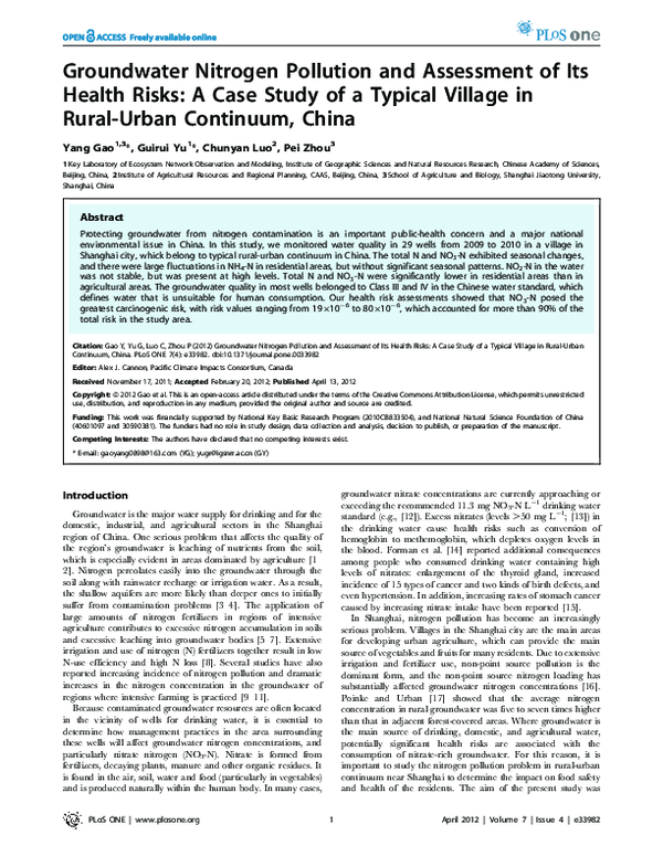 (PDF) Groundwater Nitrogen Pollution and Assessment of Its Health Risks ...
