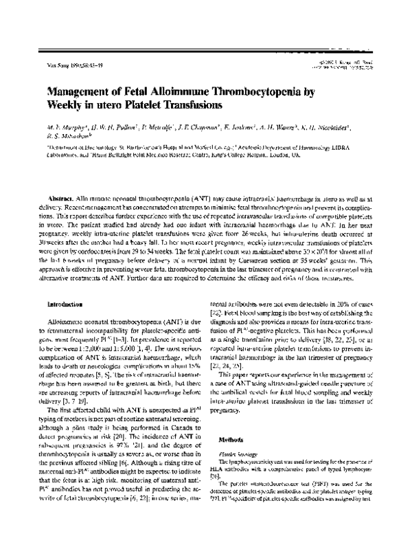 (PDF) Management of Fetal Alloimmune Thrombocytopenia by Weekly in ...