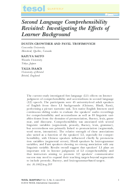(PDF) Second Language Comprehensibility Revisited: Investigating the Effects of Learner Background