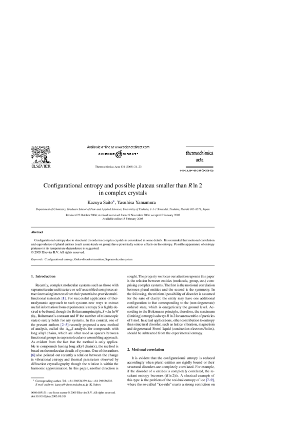 (PDF) Configurational entropy and possible plateau smaller than Rln2 in complex crystals