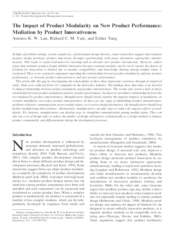 (PDF) The Impact of Product Modularity on New Product Performance: Mediation by Product ...