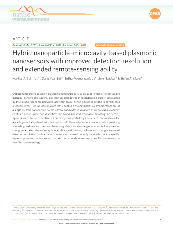 (PDF) Hybrid nanoparticle–microcavity-based plasmonic nanosensors with ...