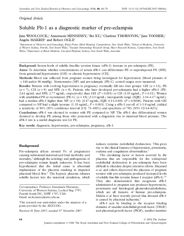 (PDF) Soluble Flt-1 as a diagnostic marker of pre-eclampsia