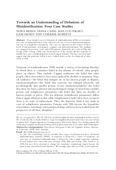 (PDF) Towards an Understanding of Delusions of Misidentification: Four ...