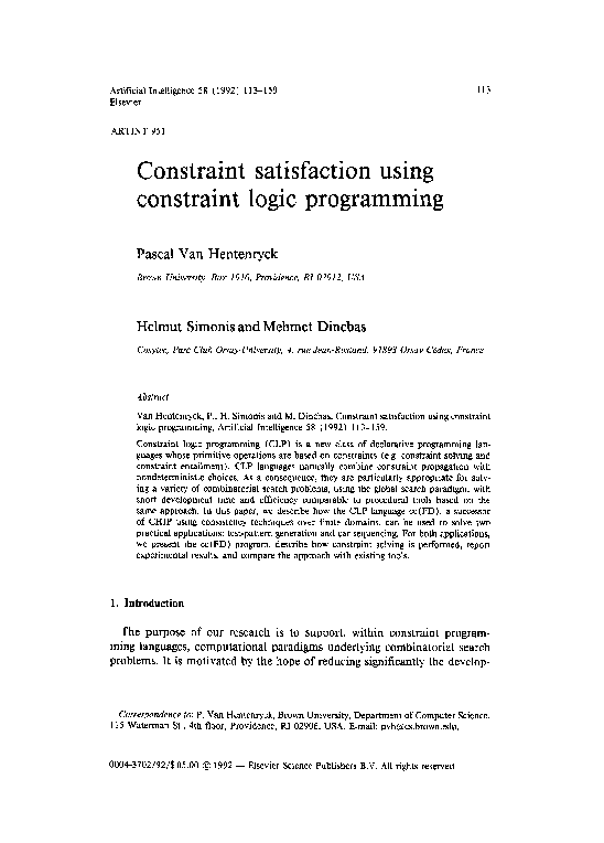 Pdf Constraint Satisfaction Using Constraint Logic Programming