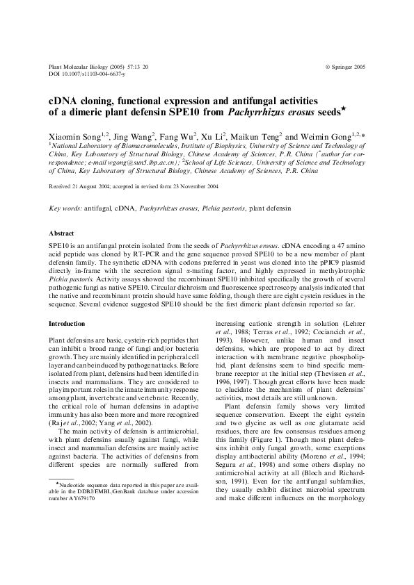 (PDF) cDNA cloning, functional expression and antifungal activities of a dimeric plant defensin ...