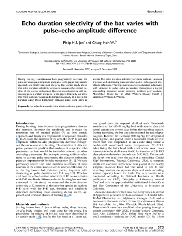 (PDF) Echo duration selectivity of the bat varies with pulse–echo ...