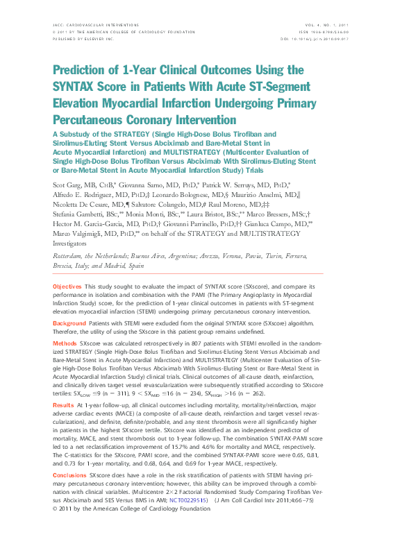 (PDF) Prediction of 1-Year Clinical Outcomes Using the SYNTAX Score in ...