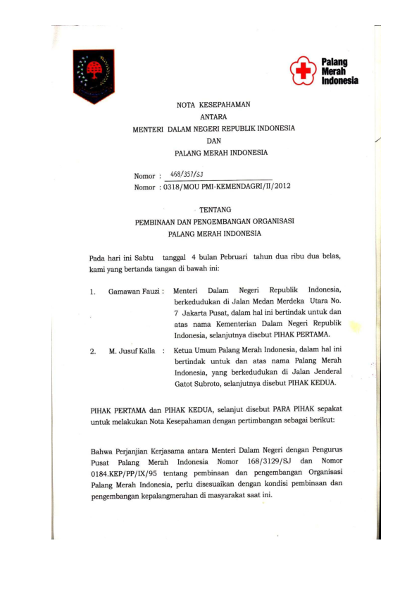 (PDF) MOU PALANG MERAH INDONESIA DENGAN KEMENTERIAN DALAM NEGERI