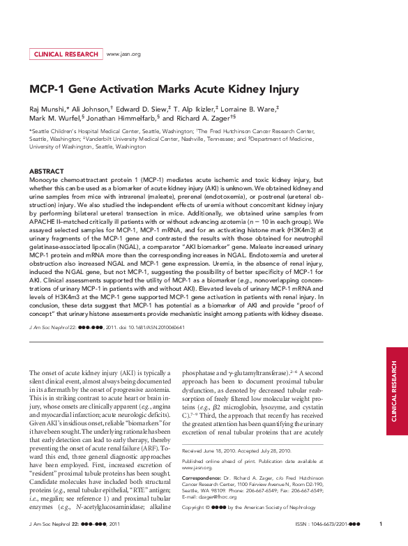 (PDF) MCP-1 Gene Activation Marks Acute Kidney Injury | Edward Siew ...