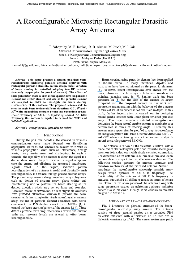 Pdf A Reconfigurable Microstrip Rectangular Parasitic Array Antenna