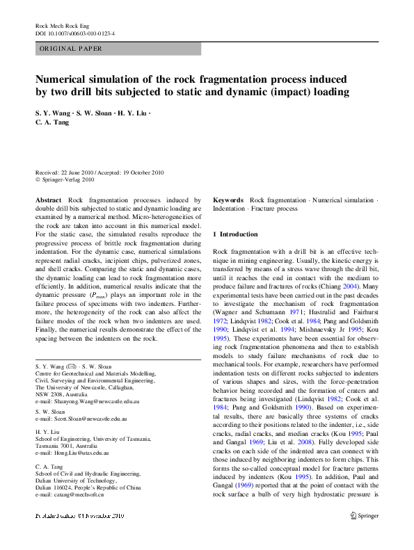 (PDF) Numerical simulation of the rock fragmentation process induced by indenters