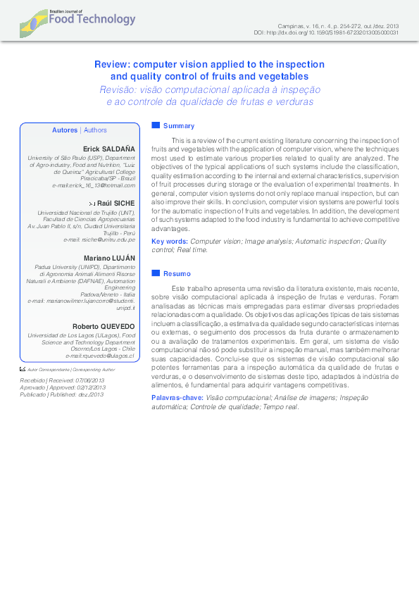 (PDF) Review: computer vision applied to the inspection and quality ...