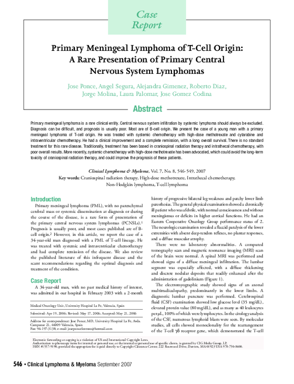 (PDF) Primary Meningeal Lymphoma of T-Cell Origin: A Rare Presentation of Primary Central ...